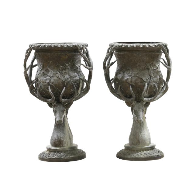 Pair of Impressive Large Bronze Double Stag Head Garden Planters (Lot ...